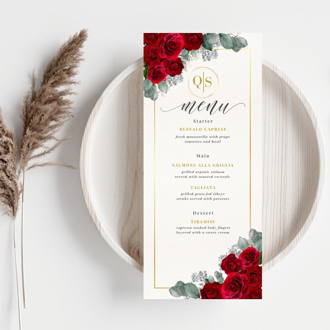 Wedding Celebration Menu Card | Red Roses | Traditional Style Menu Card ...