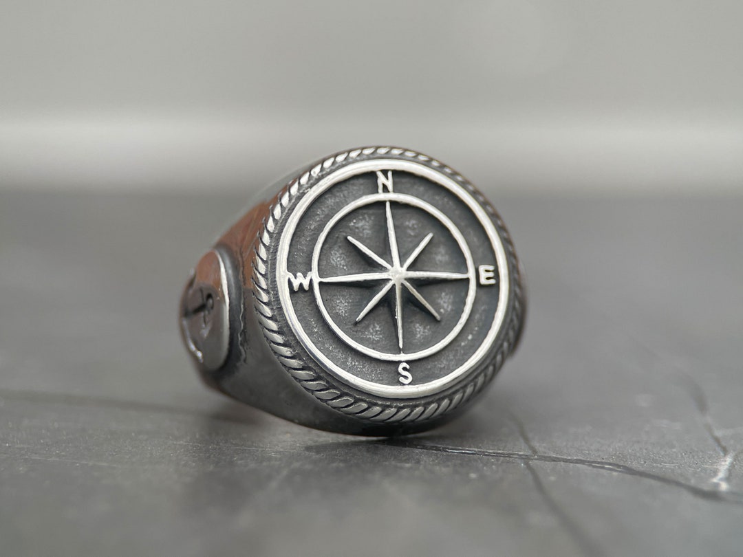 Stainless Steel Marine Compass Rose Signet Ring Designed for Men ...