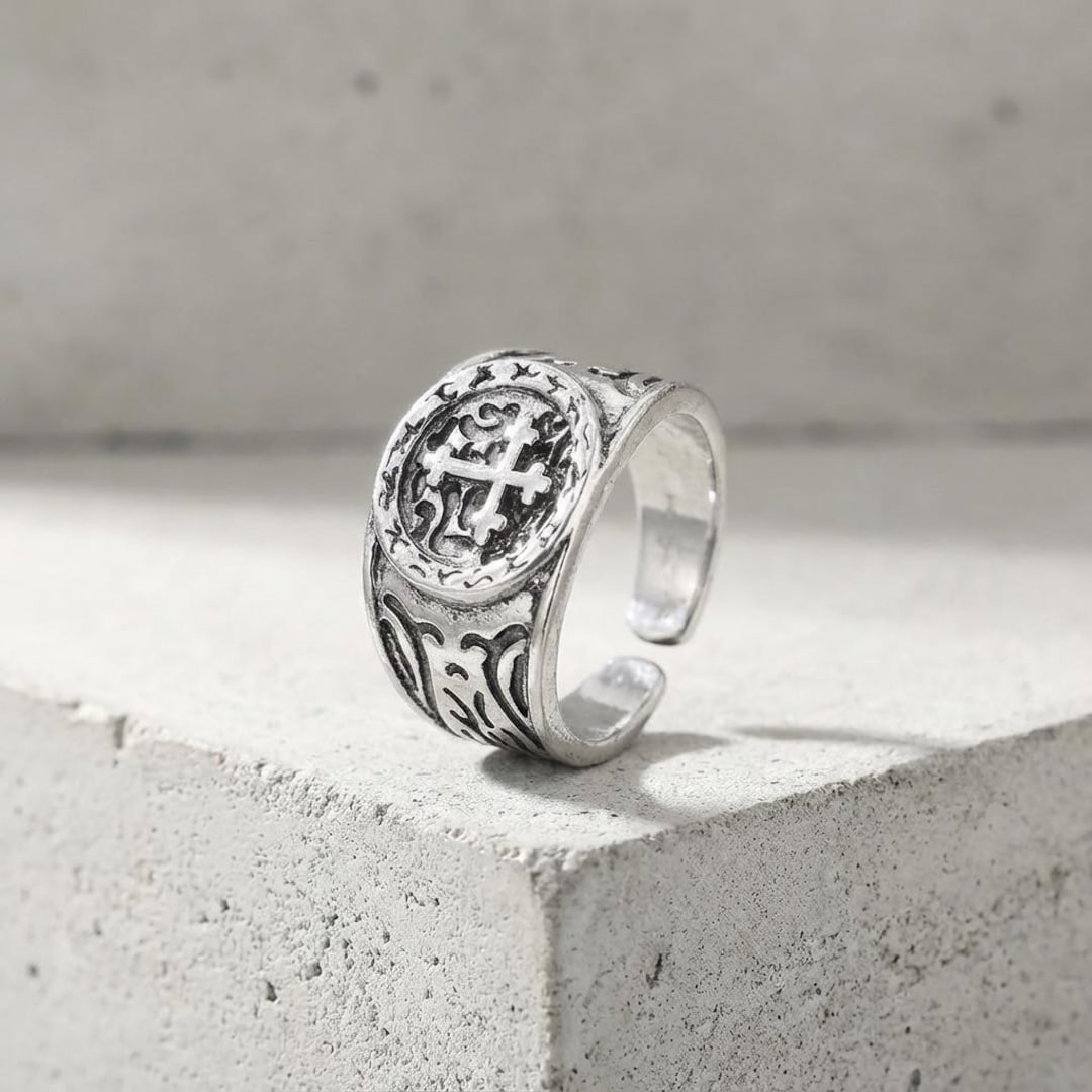 Vintage Gothic Cross Signet Ring – Adjustable Open Band, Antique Silver ...
