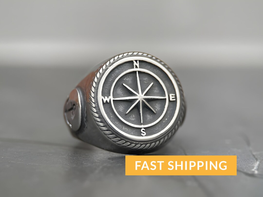 Stainless Steel Marine Compass Rose Signet Ring Designed for Men ...
