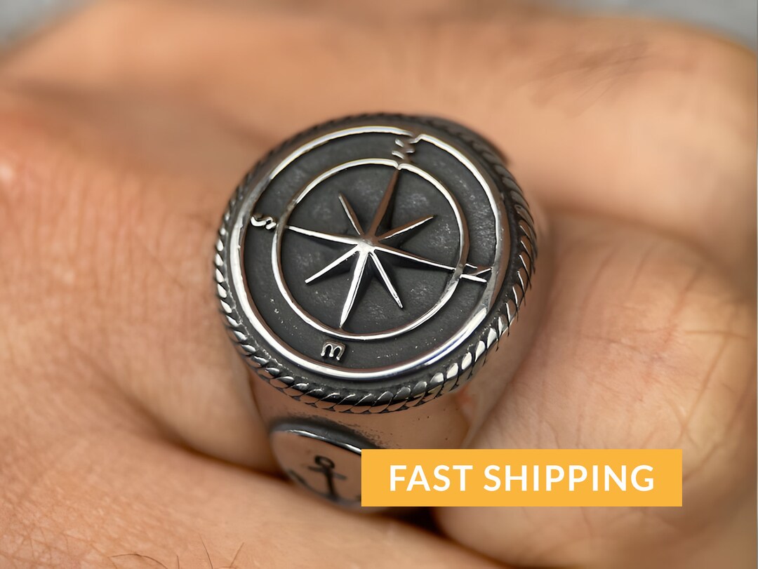 Stainless Steel Marine Compass Rose Signet Ring Designed for Men ...