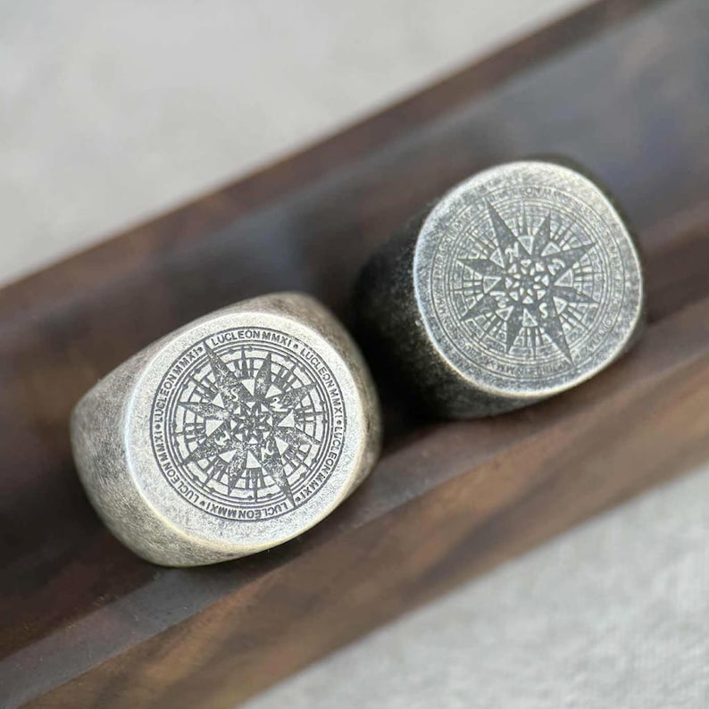Men's Retro Gray Compass Star Signet Ring, Punk Nautical Navigation ...