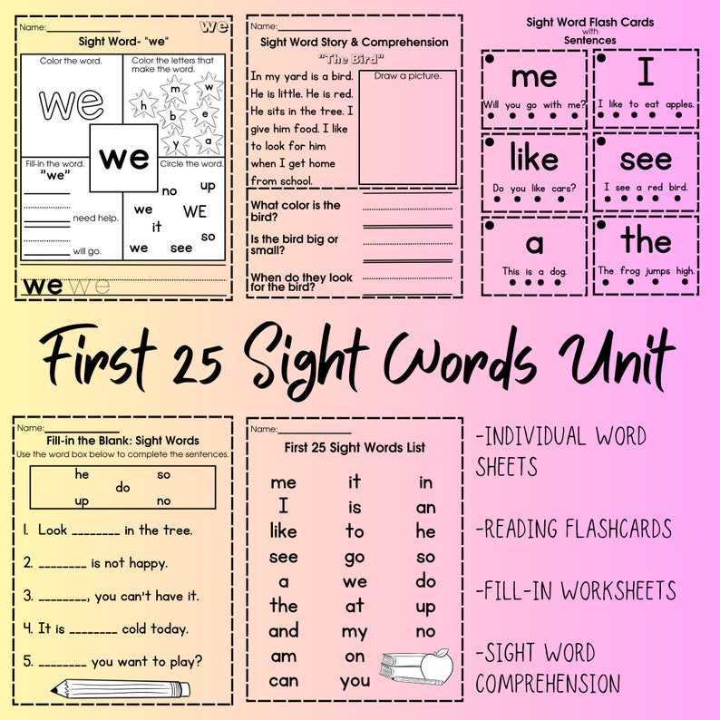 First 25 Sight Words Worksheets: Preschool Kindergarten Reading (41pg ...