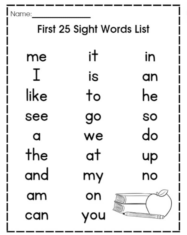 First 25 Sight Words Worksheets: Preschool Kindergarten Reading (41pg ...