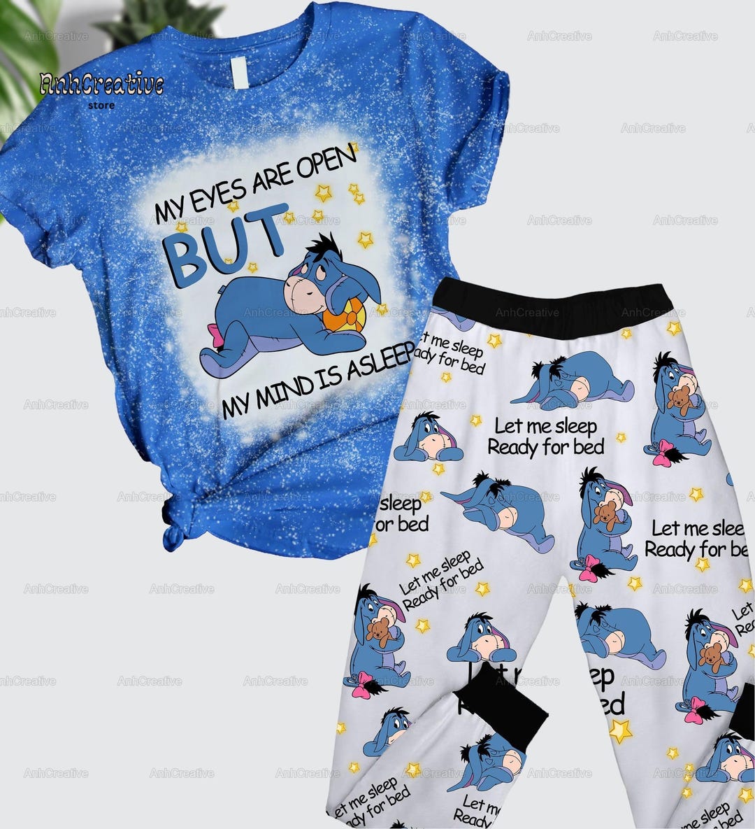 Cute Eeyore Pajamas Set, Disney Donkey T-shirt, Eeyore Pajamas Pants ...