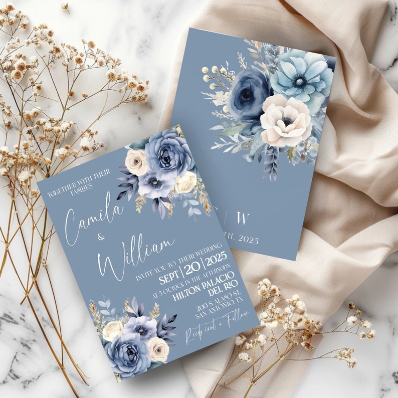 Dusty Blue Wedding Invitations, Elegant Blue Wedding Invitation Suite ...