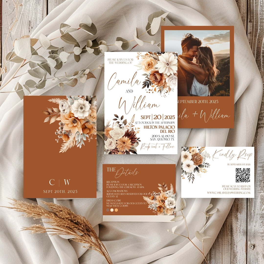 Rust Wedding Invitation Fall Boho Wedding Invitation Suite Burnt Orange ...