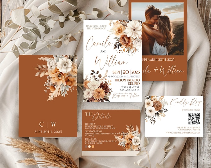 Rust Wedding Invitation Fall Boho Wedding Invitation Suite Burnt Orange ...