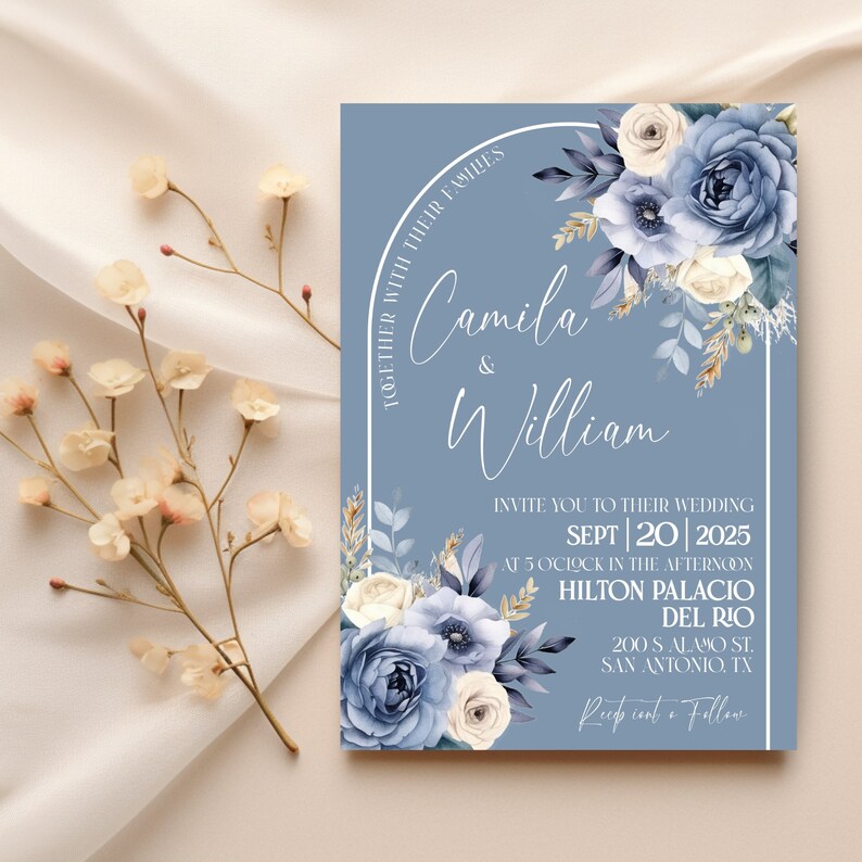 Dusty Blue Wedding Invitation Suite, Floral Photo Wedding Invitation ...