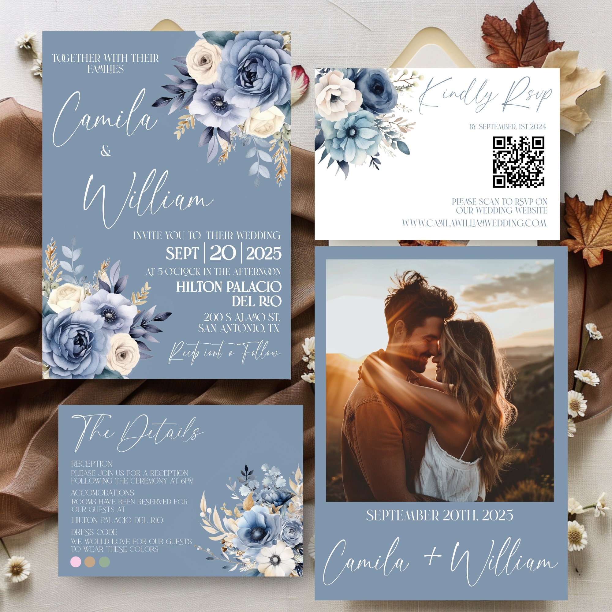 Dusty Blue Wedding Invitations, Elegant Blue Wedding Invitation Suite ...