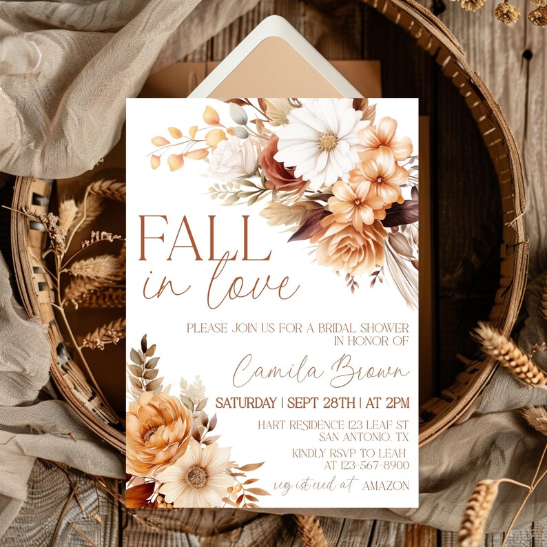 Fall in Love Invitation, Autumn Bridal Shower Invitation Boho Bridal ...