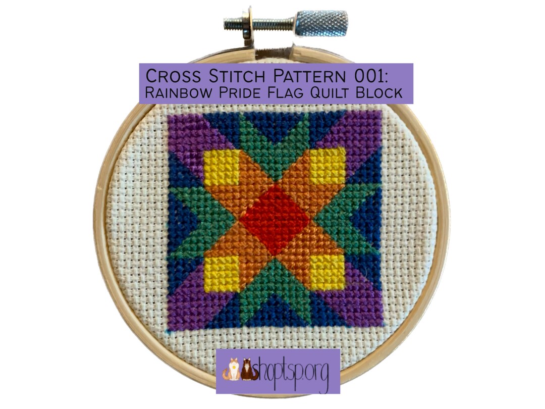Rainbow Pride Flag Quilt Block Cross Stitch Pattern, 3” Hoop on 14ct ...