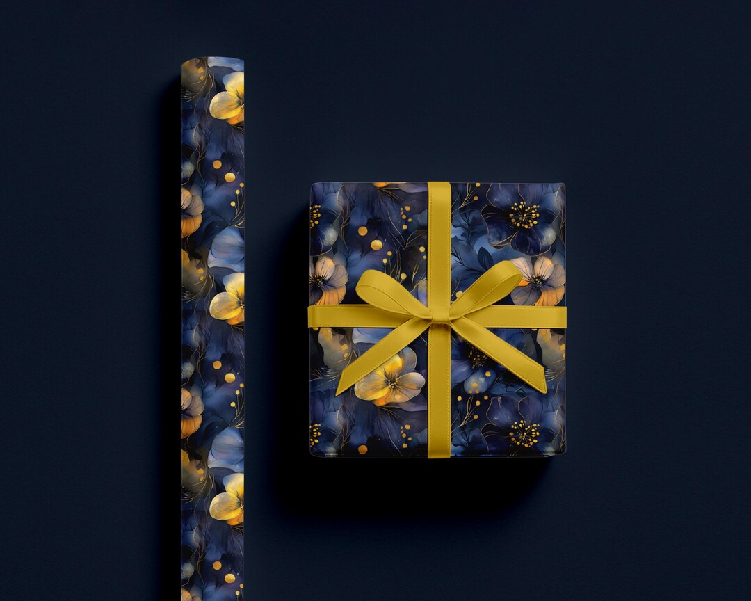 Midnight Blue Floral Wrapping Paper, Gold Accent Flower Gift Wrap ...