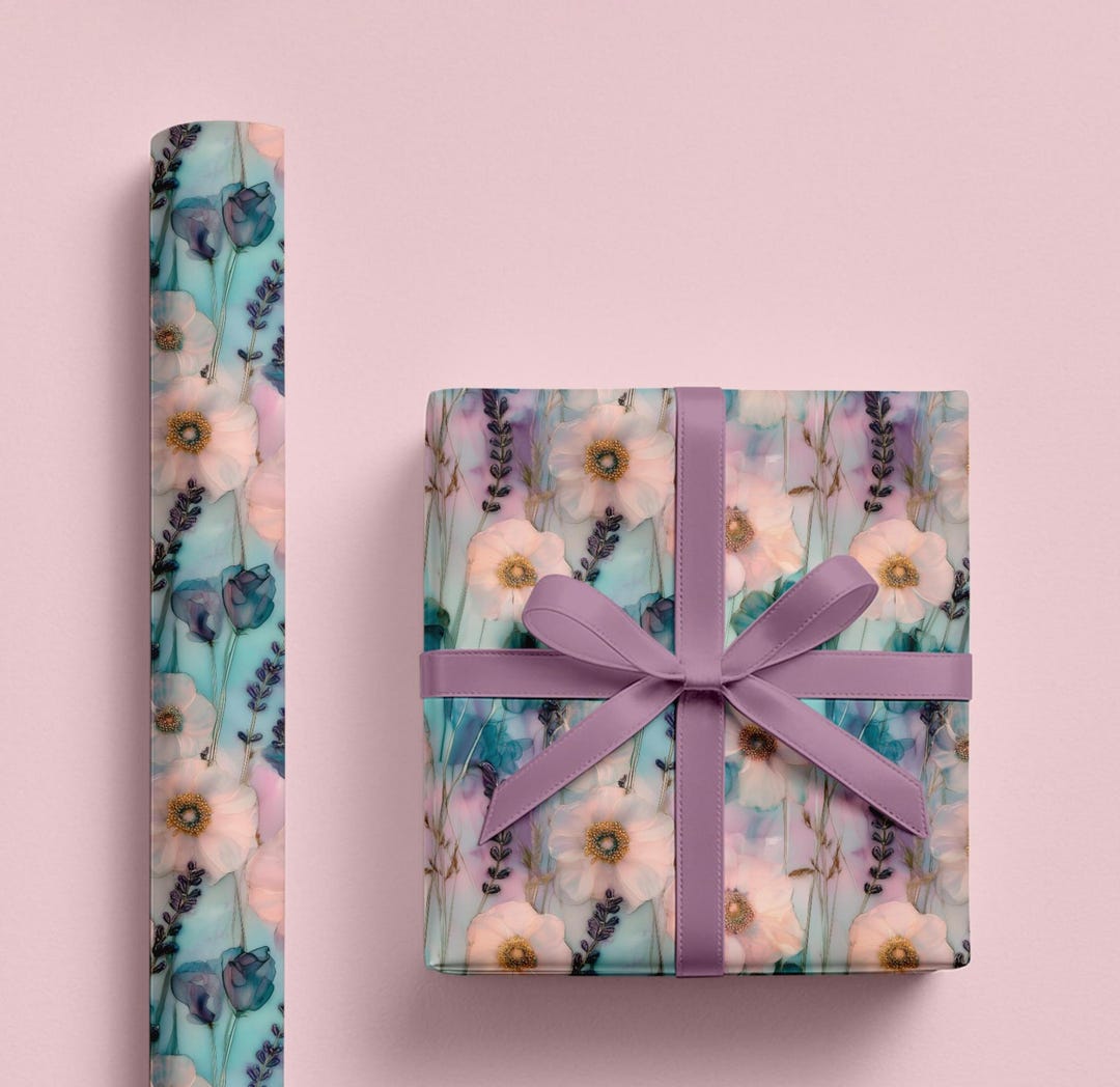 Pastel Wildflower Wrapping Paper, Floral Gift Wrap, Soft Pink Teal ...