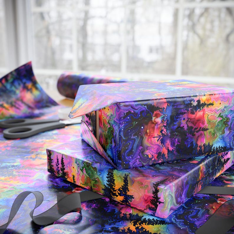 Celestial Forest Wrapping Paper | Alcohol Ink Night Sky Trees Gift Wrap ...
