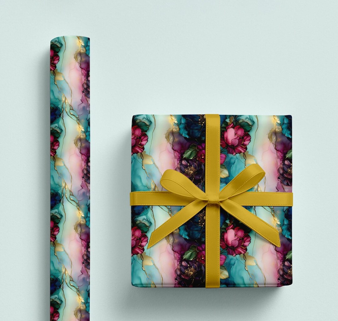 Jewel Tone Floral Wrapping Paper, Teal Pink Gold Flower Gift Wrap ...