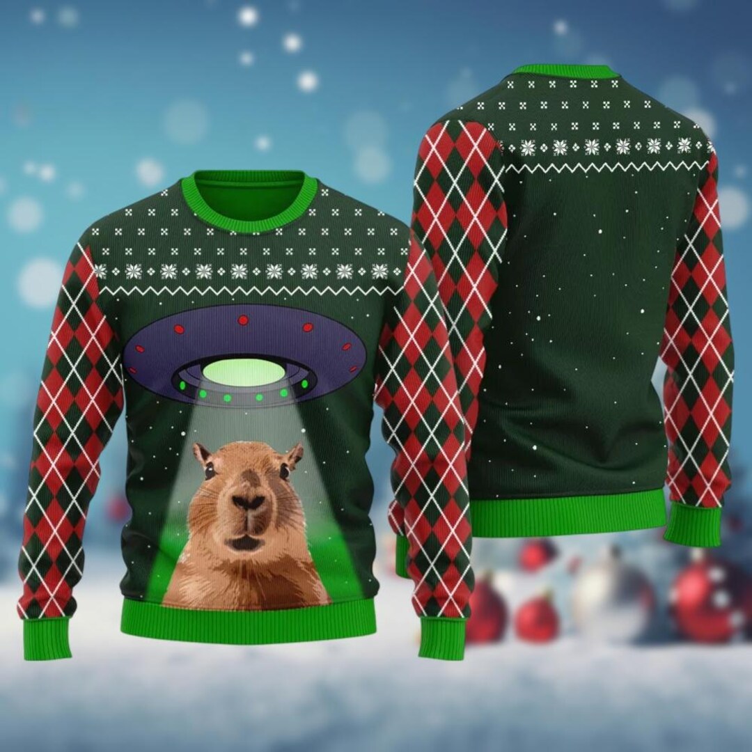 Alien Capybara Ugly Sweater, Funny Capybara Holiday Sweater, Animal ...