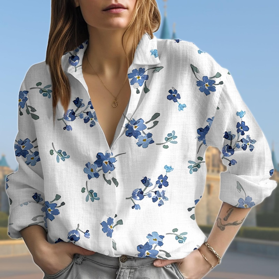 Scorpion Grasses Blouse Shirt, Forget Me Not Floral Button Down Top ...