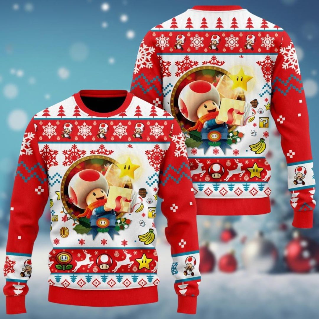 Christmas Super Mario Toad Ugly Sweater, Mario Holiday Sweatshirt ...