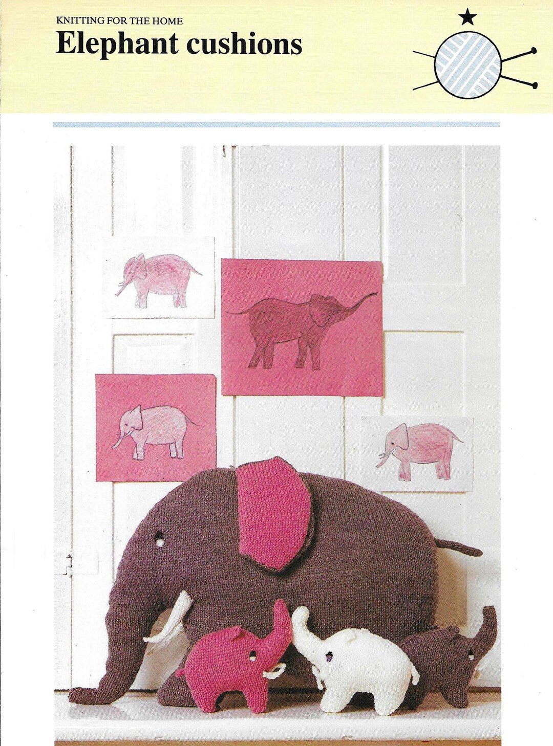 Vintage Knitting Pattern for Elephant Cushions Including Baby Elephant ...