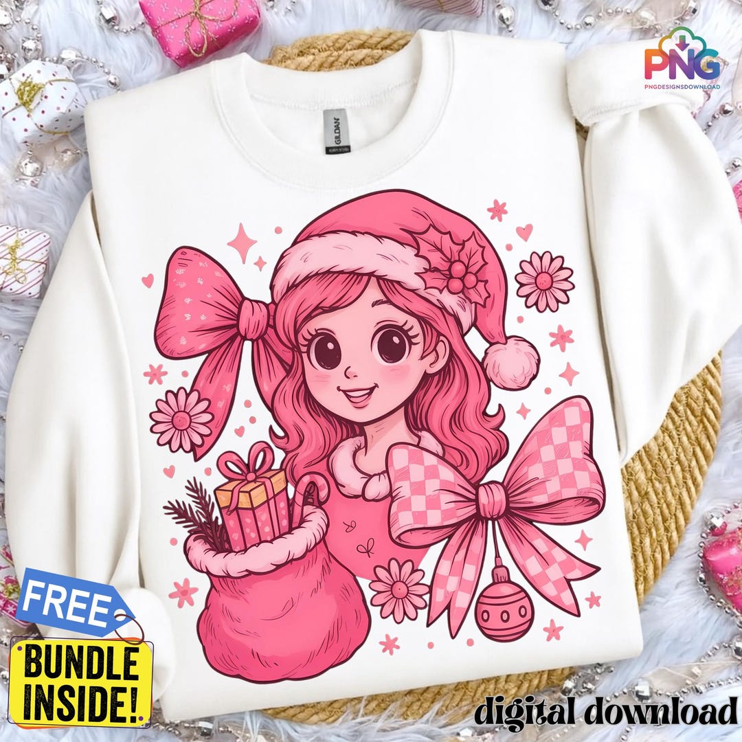 Coquette Pink Bow Christmas PNG | Girly Santa Sublimation Design ...