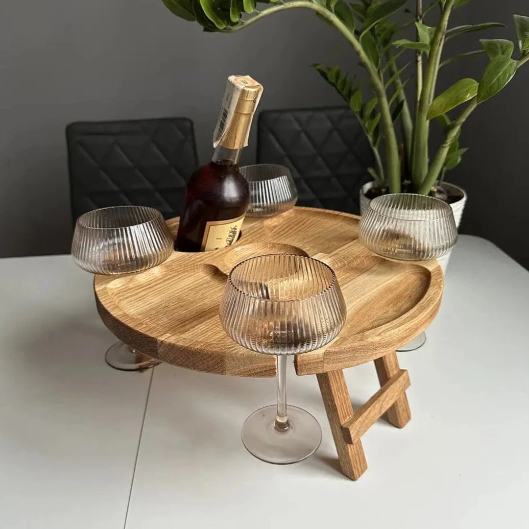 Handmade Oak Wine Table With 4 Glass Holders and Bottle Slot: Custom ...
