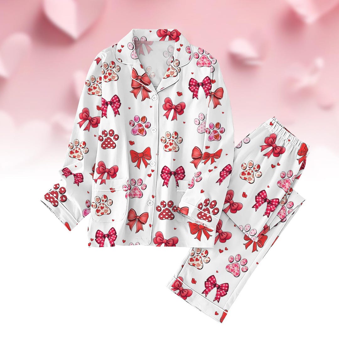 Cute Coquette Bow Pajamas Set, Paw Paw Valentine Pajamas, Pawjama ...
