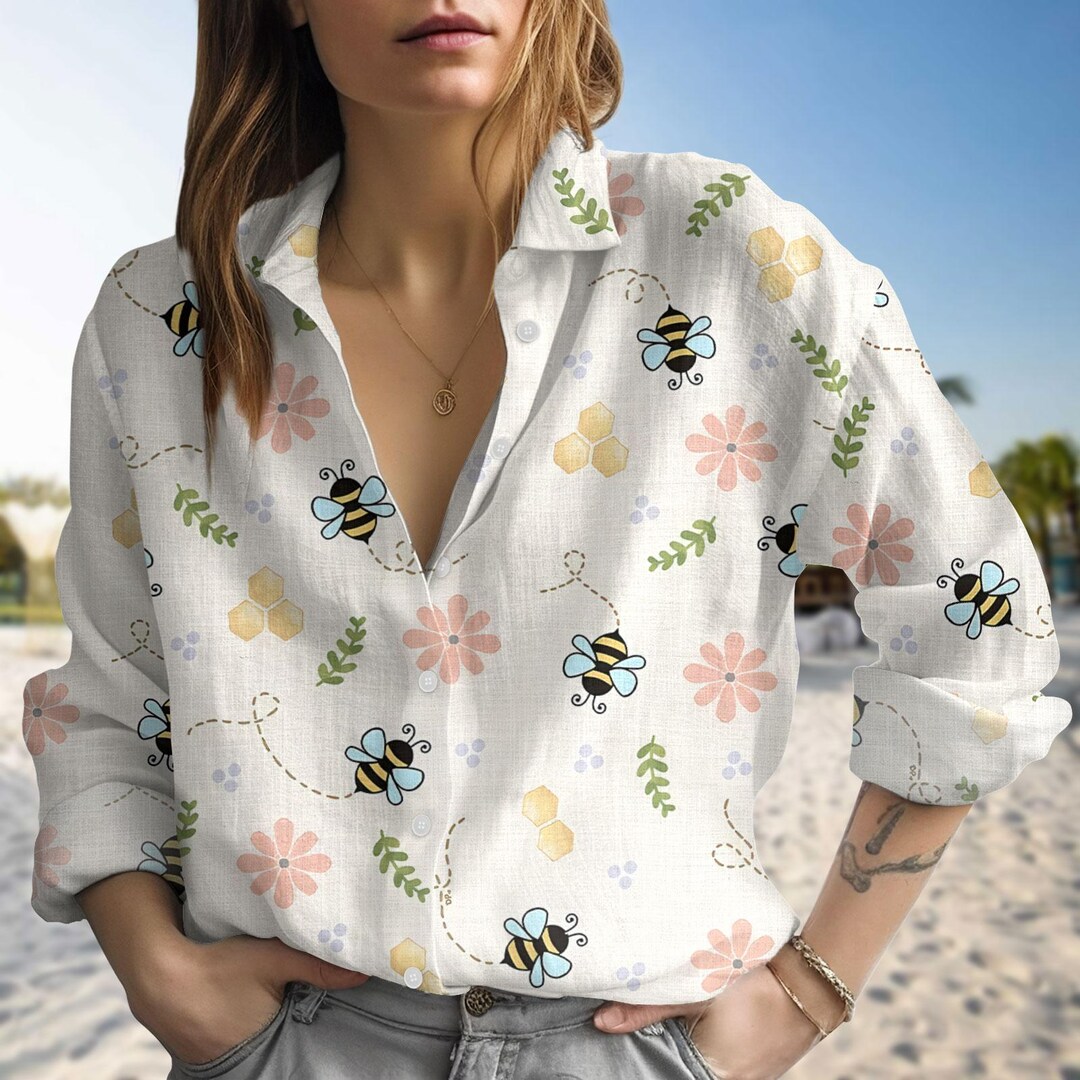 Cute Bees and Flowers Blouse Shirt, Garden Pattern Spring Summer Women ...