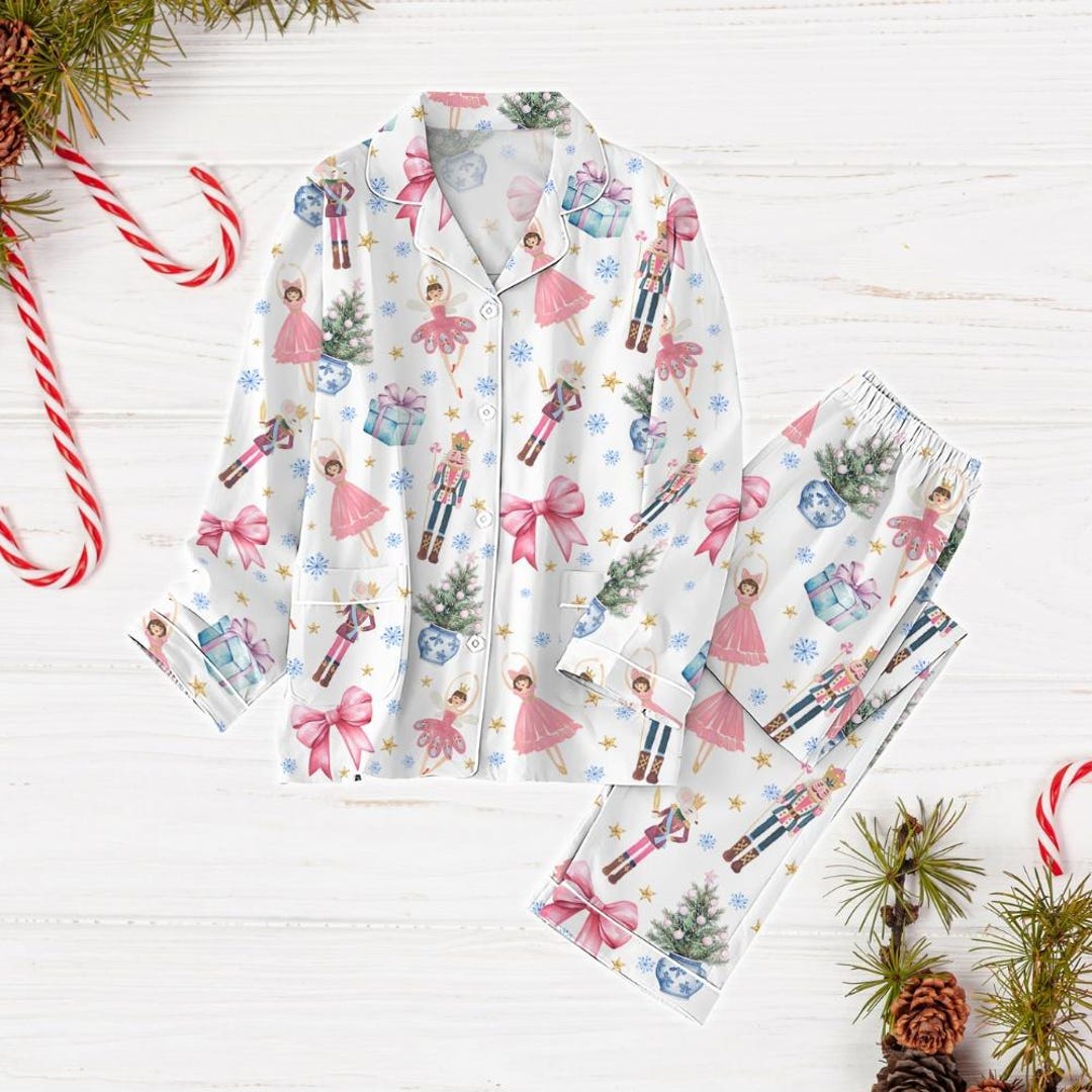 Nutcracker Coquette Christmas Pajamas Set, Pink Fairy Holiday Pajamas ...