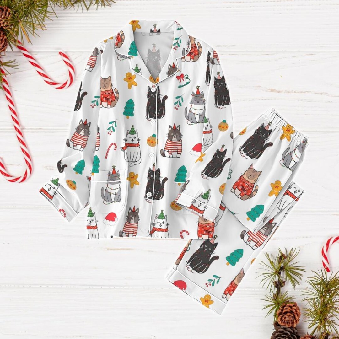 Cat Christmas Pajamas, Black Cat Xmas Pajamas, Cartoon Animal Pajamas ...
