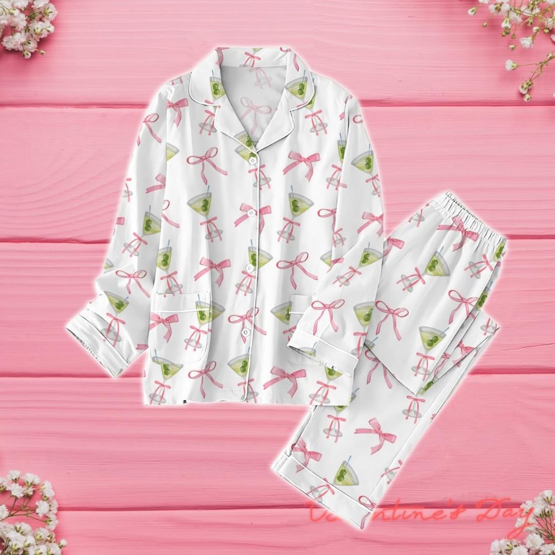 Cocktail Coquette Bow Pajamas Set, Martitni Gift Valentine Pajamas ...