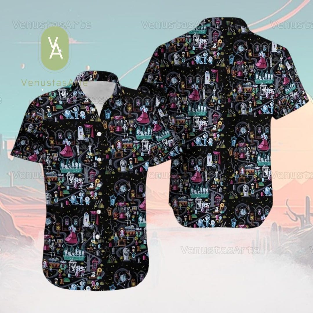 Halloween Haunted Mansion Hawaiian Shirt, Hitchhiking Ghosts Button ...