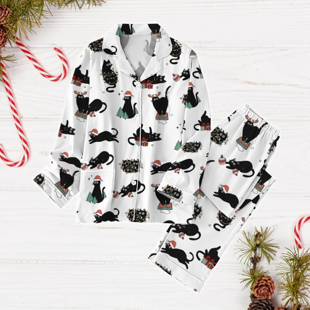 Black Cat Christmas Pajamas Set, Cute Cat Santa Hat Holiday Pajamas ...