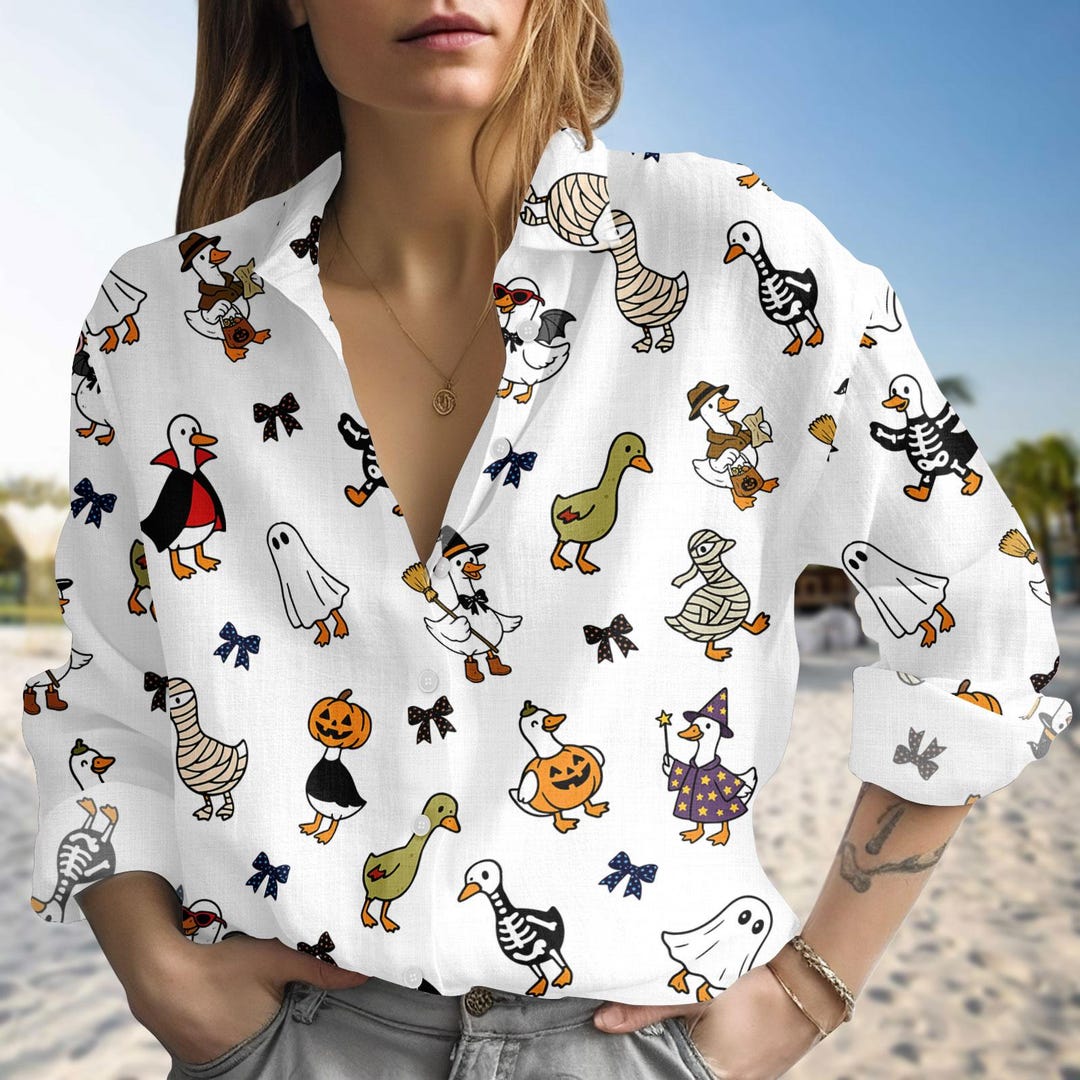 Halloween Duck Linen-look Shirt, Goose Pumpkin Blouse Shirt, Cute Fall ...