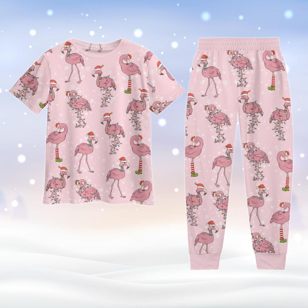 Christmas Flamingo Pajamas Set, Pink Flamingo Holiday Pajamas, Pink ...