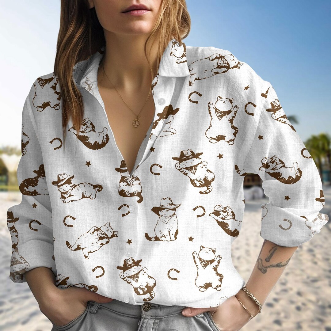 Cowboy Kittens Blouse Shirt, Retro Western Blouse Shirt for Women ...