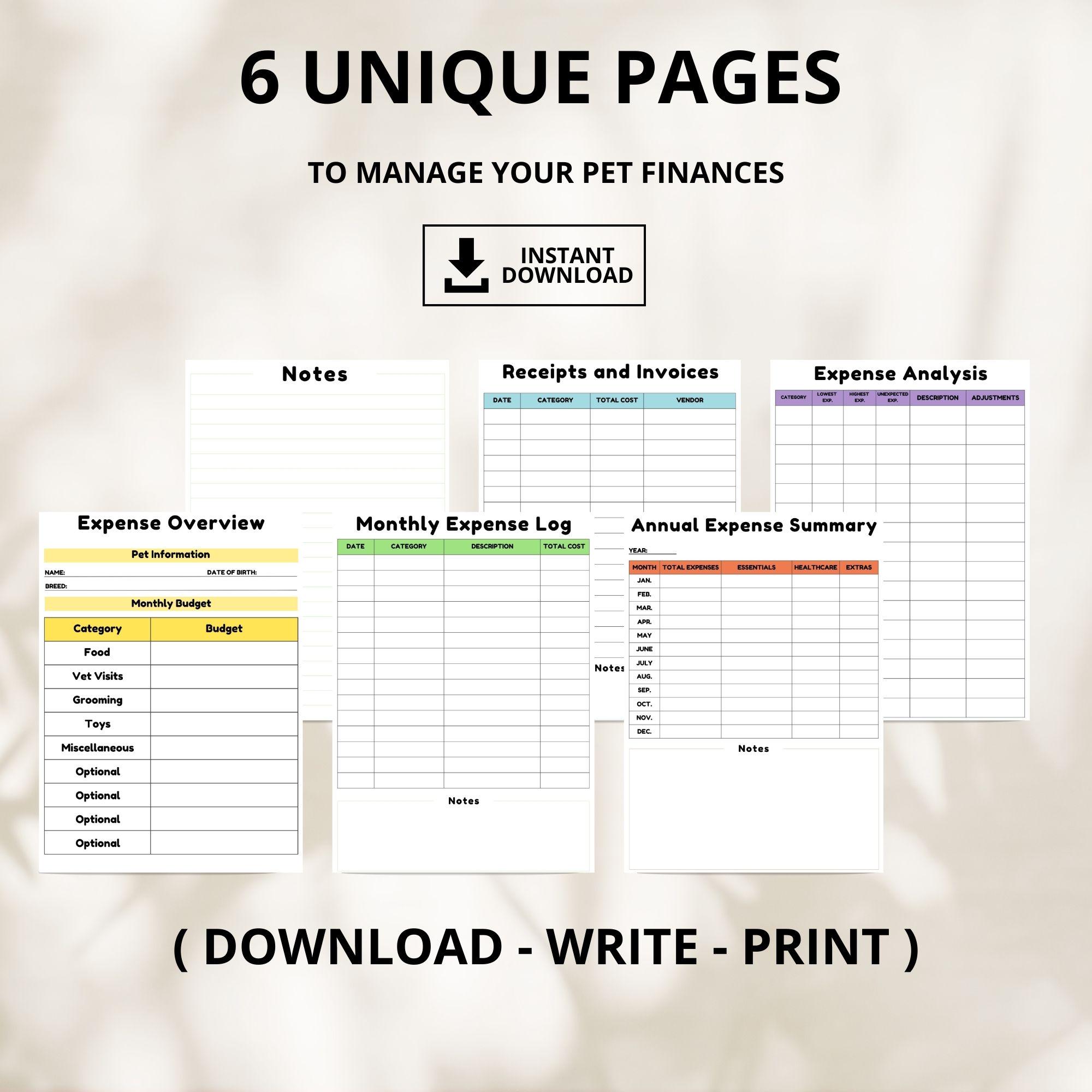 Pet Budget Tracker Bundle - 5 Stylish Colors for Easy Expense ...