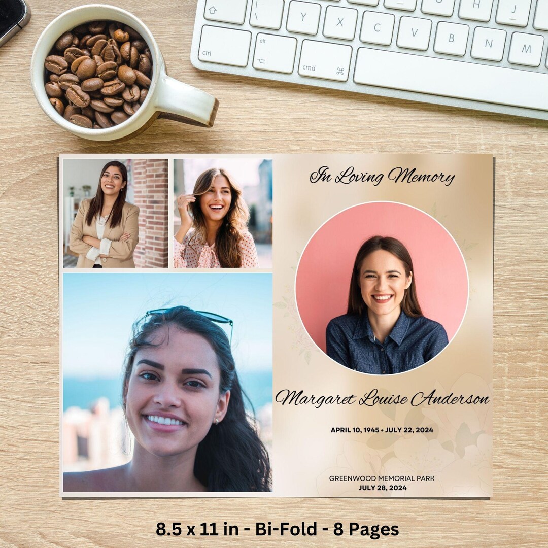 Editable Beige Obituary Program Template | 8-page Bi-fold Funeral ...