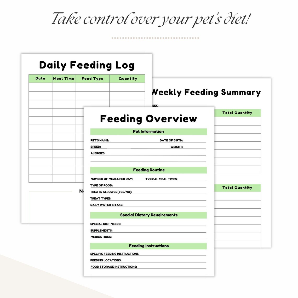 Green Pet Feeding Journal - Detailed Meal Planner for Pets, Track Daily ...