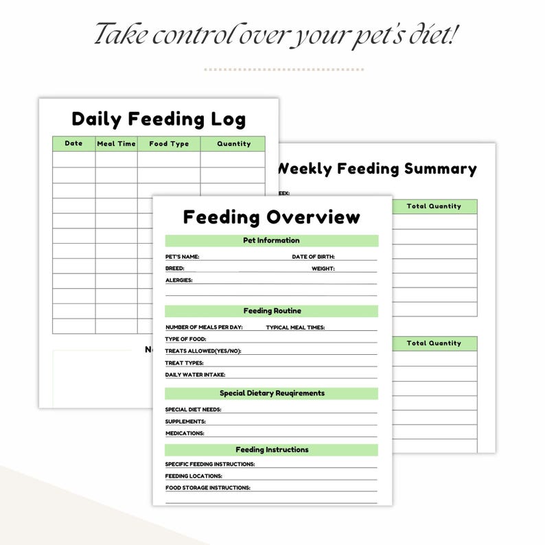 Green Pet Feeding Journal - Detailed Meal Planner for Pets, Track Daily ...