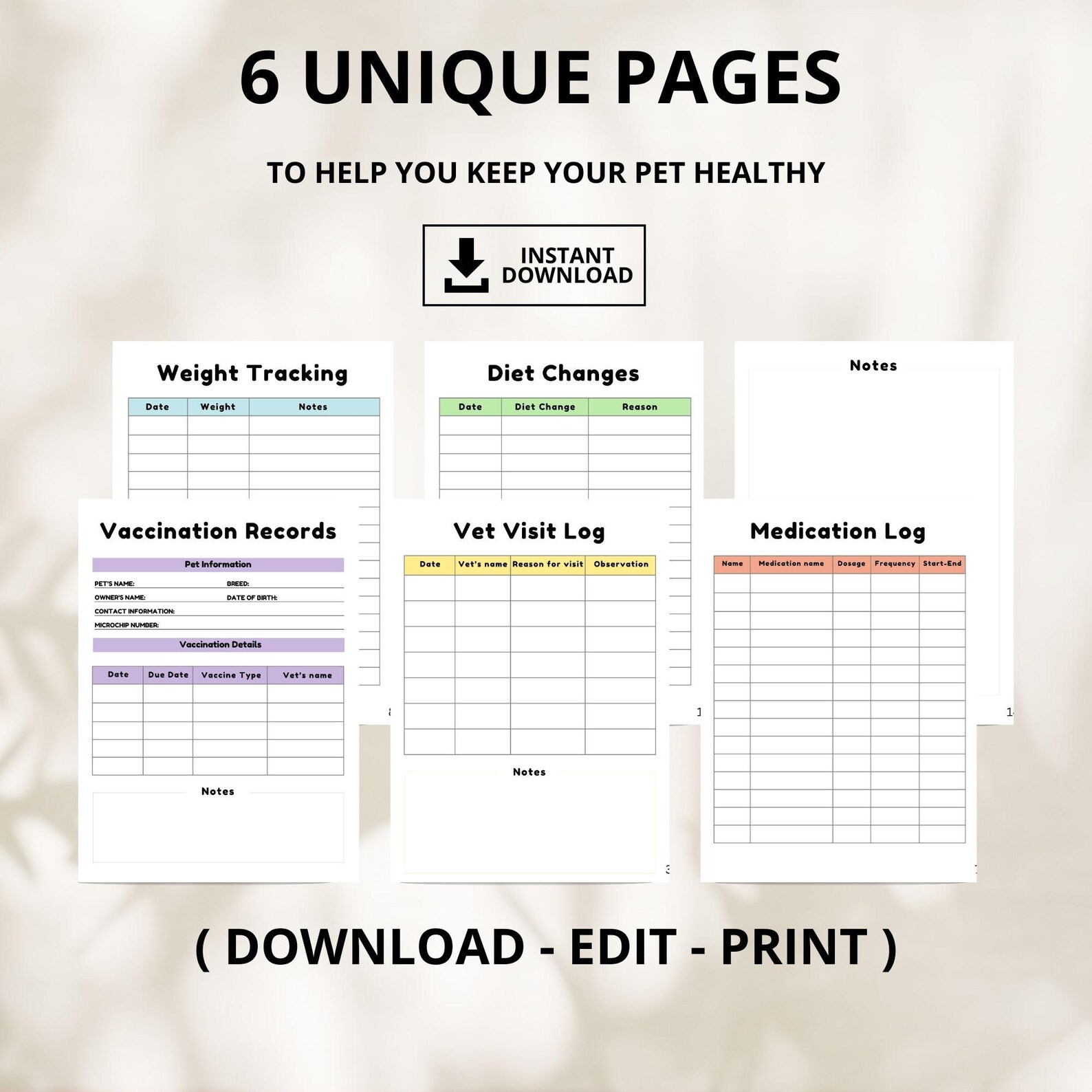 Pet Health Log Bundle 5 Color Variations for Comprehensive Health ...