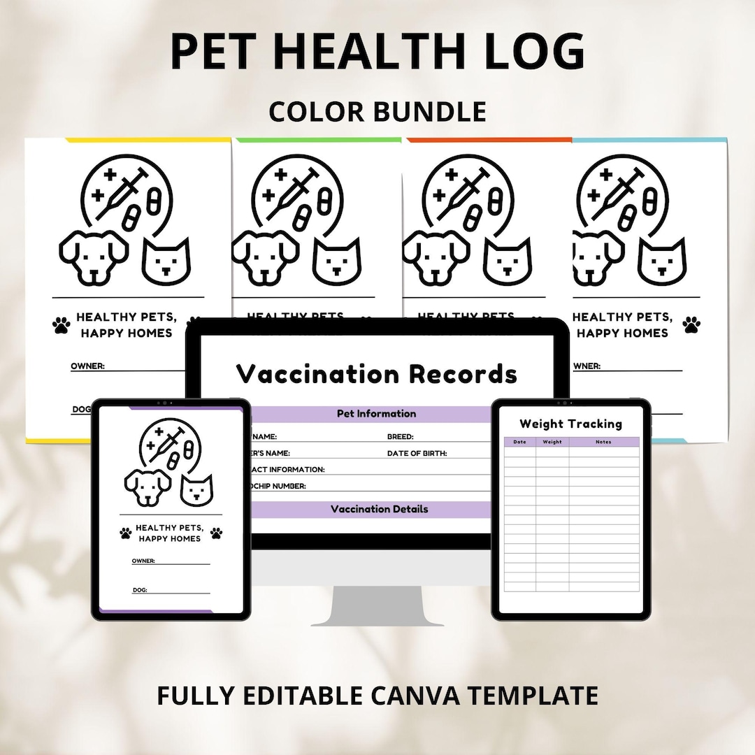 Pet Health Log Bundle 5 Color Variations for Comprehensive Health ...