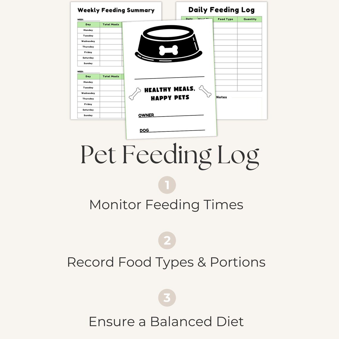 Green Pet Feeding Journal - Detailed Meal Planner for Pets, Track Daily ...