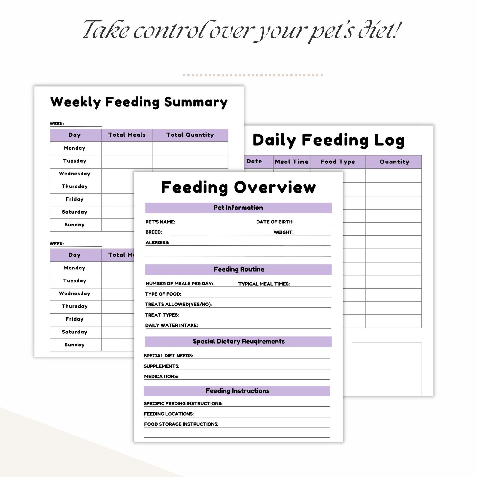 Pet Feeding Log and Planner - Amethyst Design | Track Meals and Dietary ...