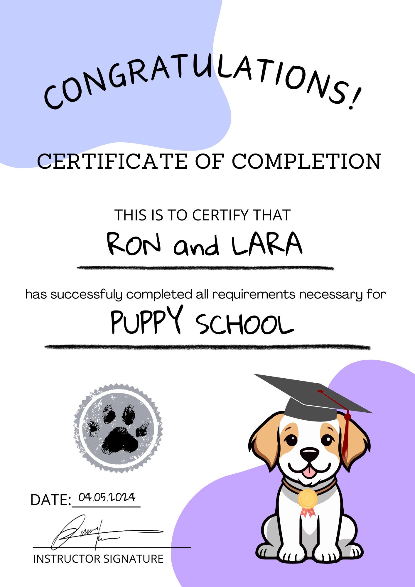 DOG DIPLOMA, Cute, Certificate of Completion, Dog School, Dog Training ...