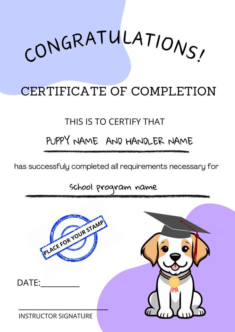 DOG DIPLOMA, Cute, Certificate of Completion, Dog School, Dog Training ...
