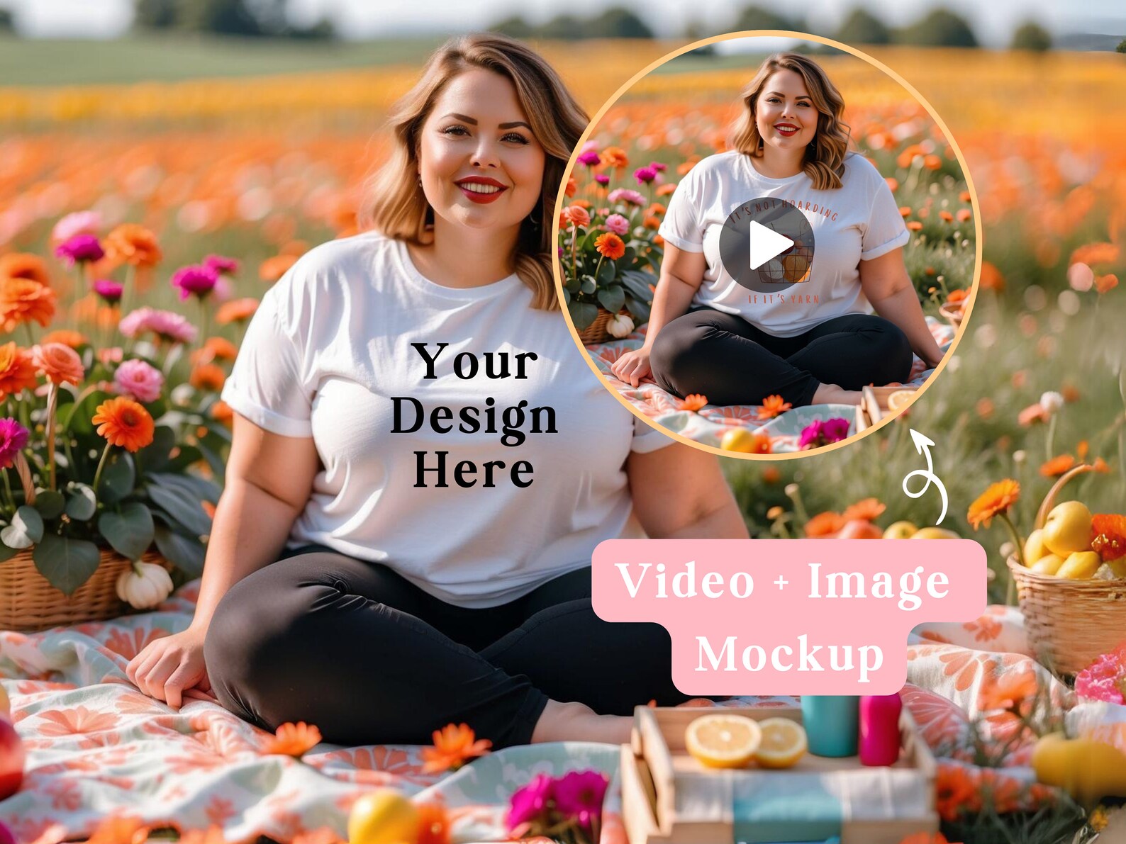 Bella Canvas 3001 White T-shirt Mockup, Plus Size Girl, Picnic, Flower ...