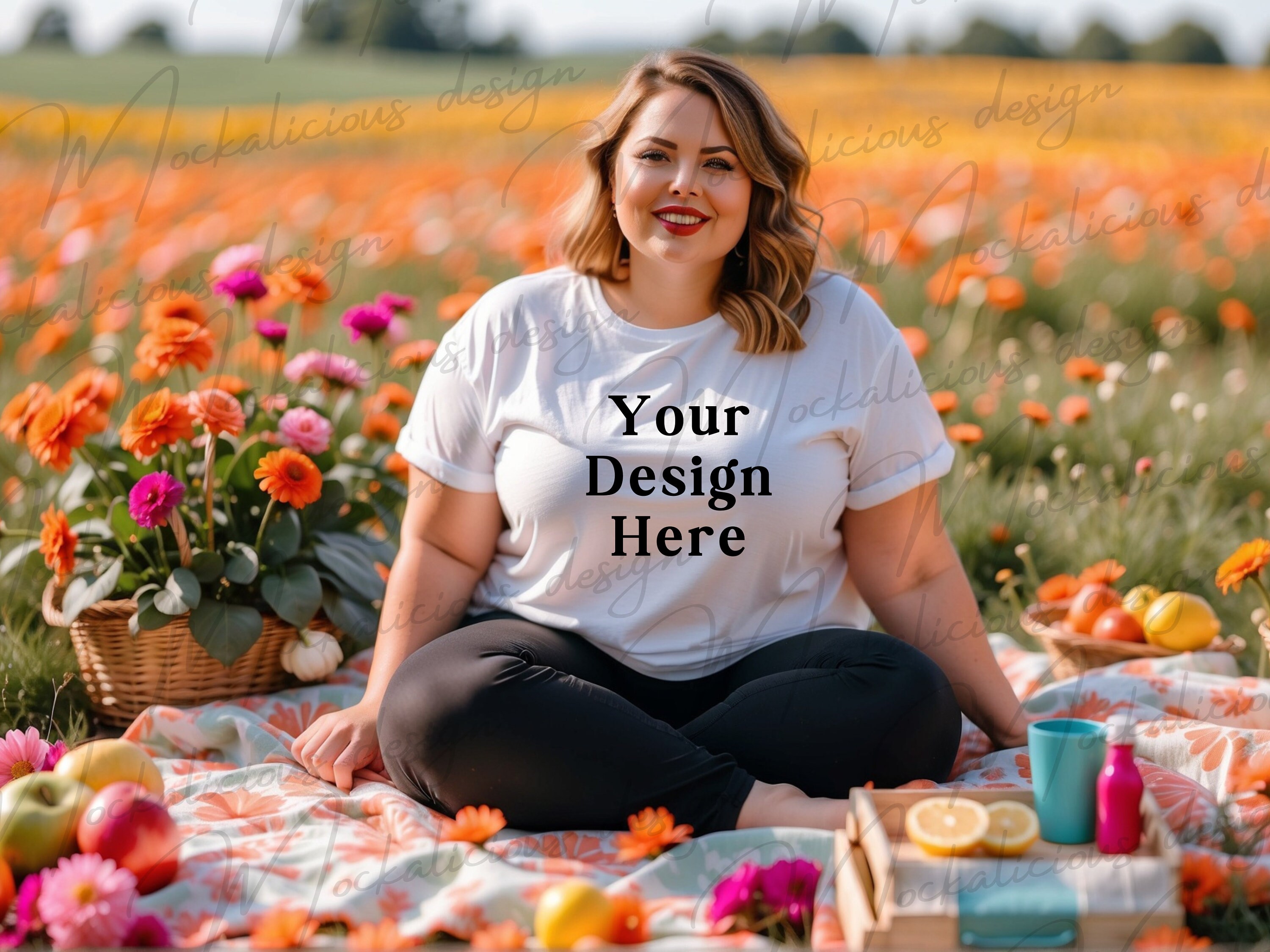 Bella Canvas 3001 White T-shirt Mockup, Plus Size Girl, Picnic, Flower ...