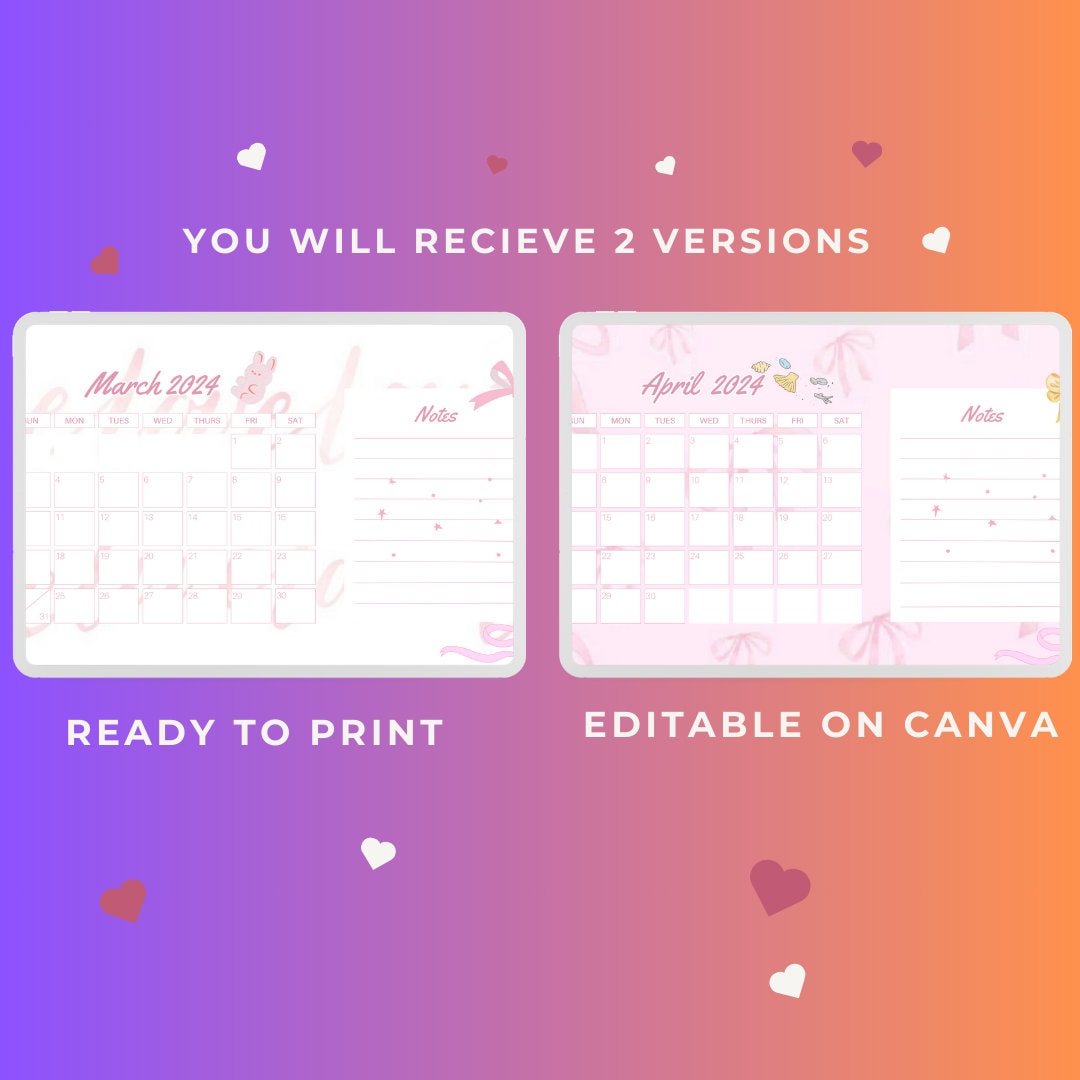 Coquette Calendar 2024 Calendar Printable Editable Calendar Printable ...