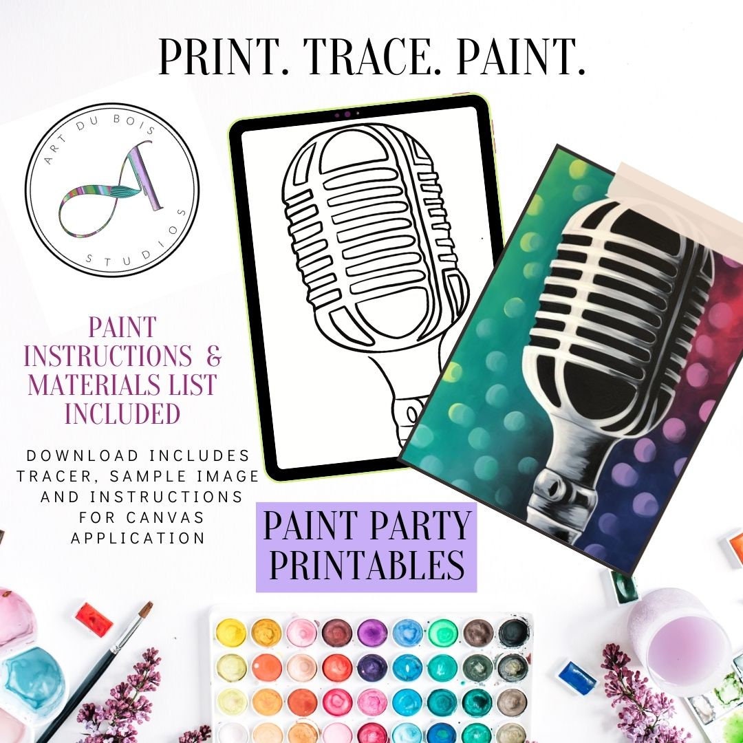 DIY Paint Party Printable, Pre-drawn, Mic, Microphone, Instant Download ...